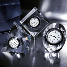 GROUP of CLASSIC CRYSTAL DESK CLOCKS; OVAL, SQUARE, PYRAMID