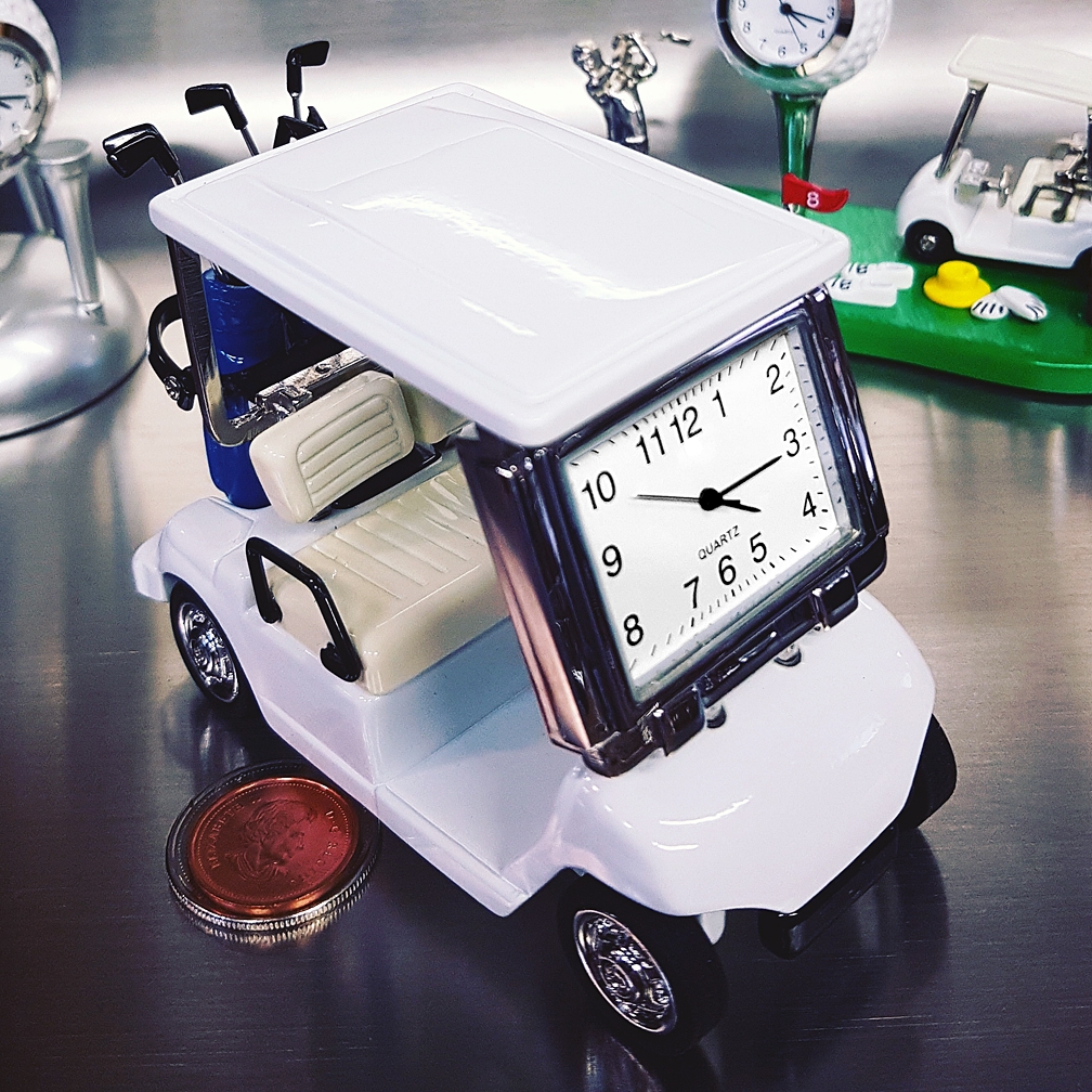 GOLF CART MINIATURE w CLUBS COLLECTIBLE SPORTS MINI DESKTOP CLOCK GIFT IDEA